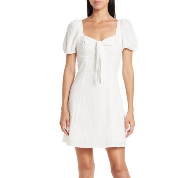 Lumiere | Dresses | Lumiere Front Knot Puff Sleeve White Mini Dress ...